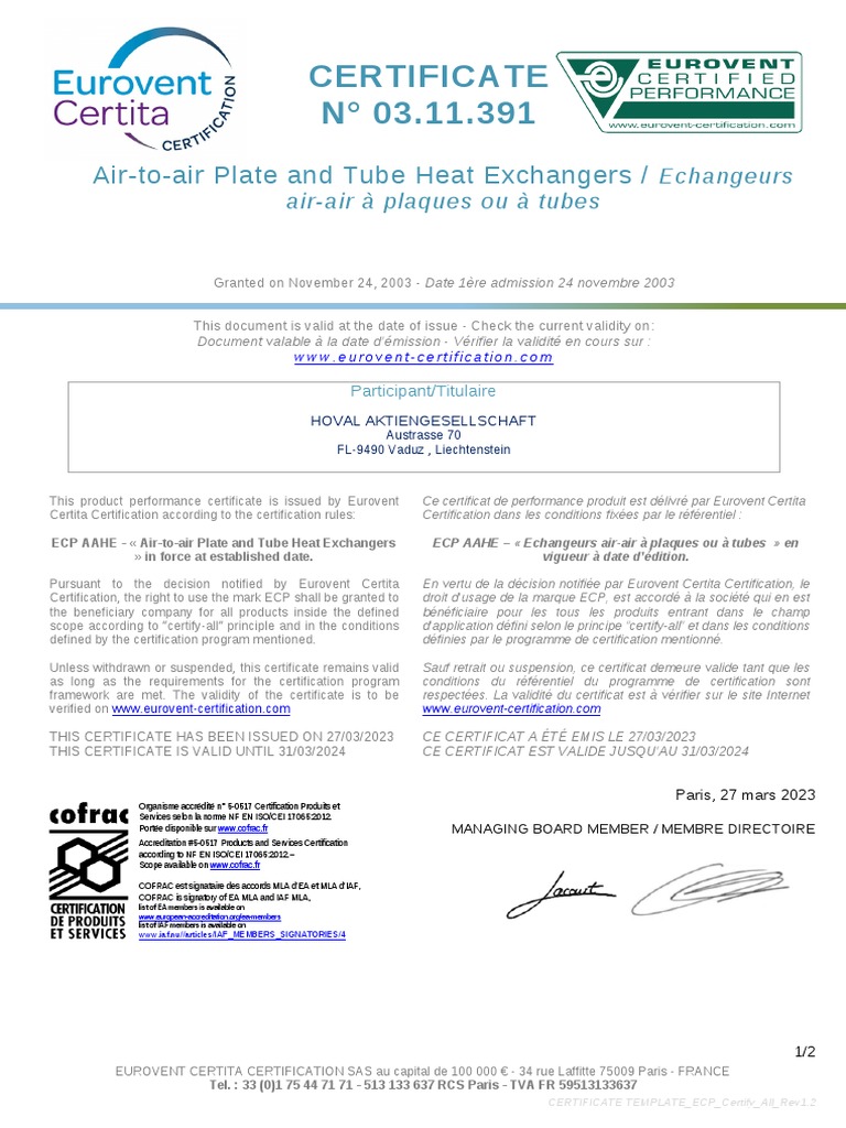 Eurovent Certificate | PDF