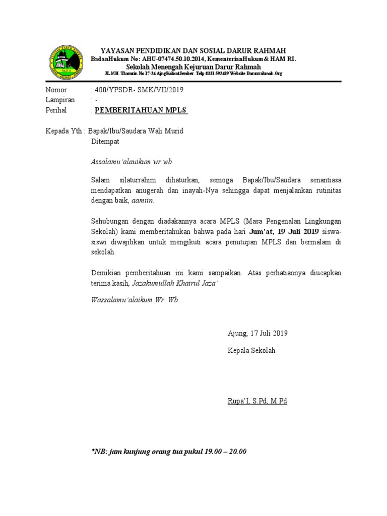 Surat Pemberitahuan MPLS | PDF