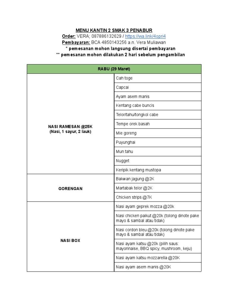 Menu Kantin 2 Smak 3 Penabur - Minggu 33 | PDF