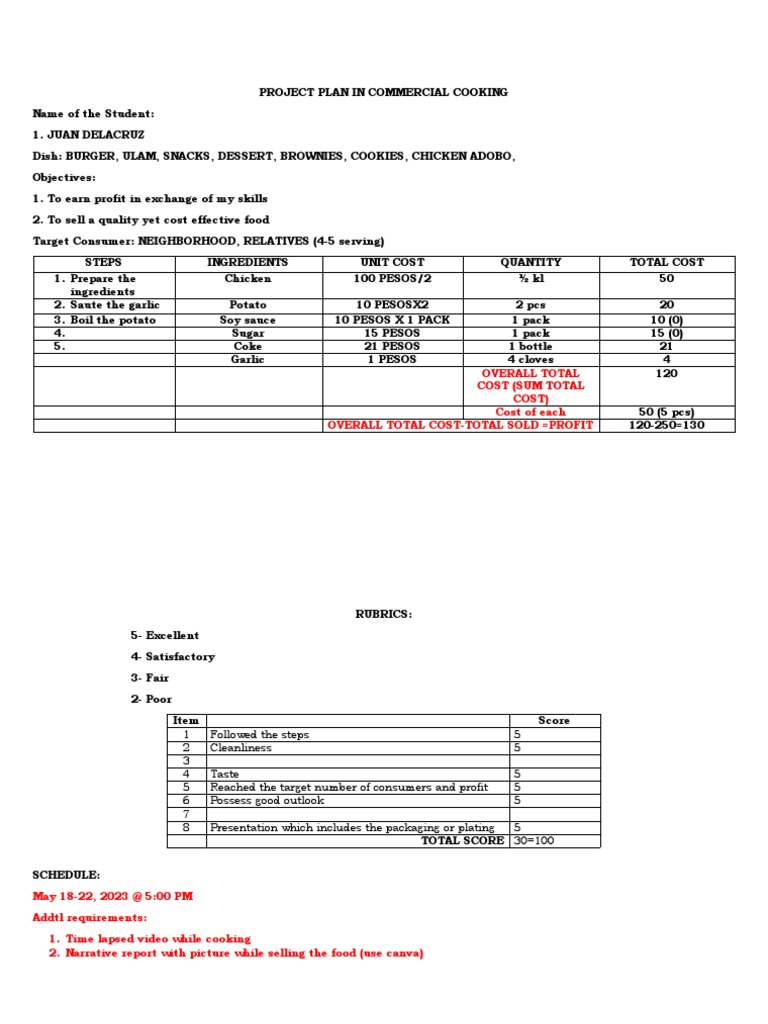Sample Individual Project Plan in Commercial Cooking | PDF | Cuisine ...