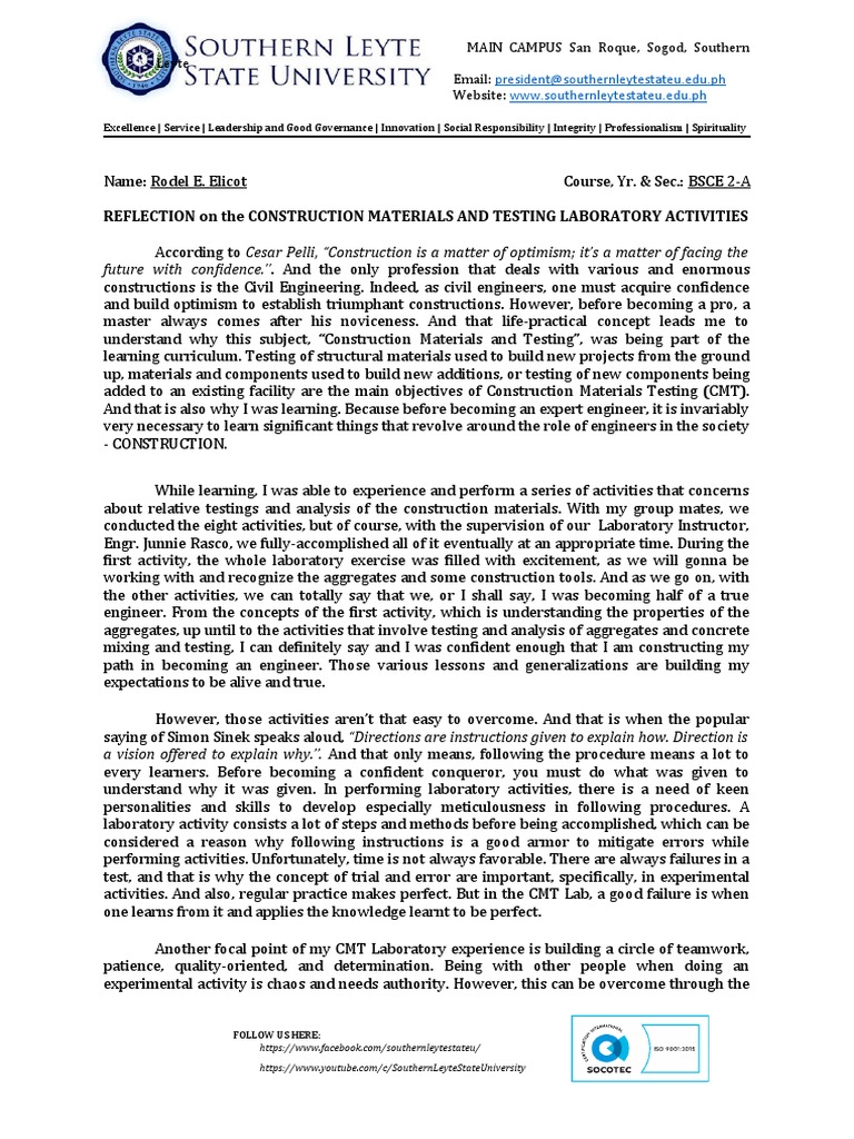 Rodel Lab Reflection CMT | PDF | Concrete | Laboratories