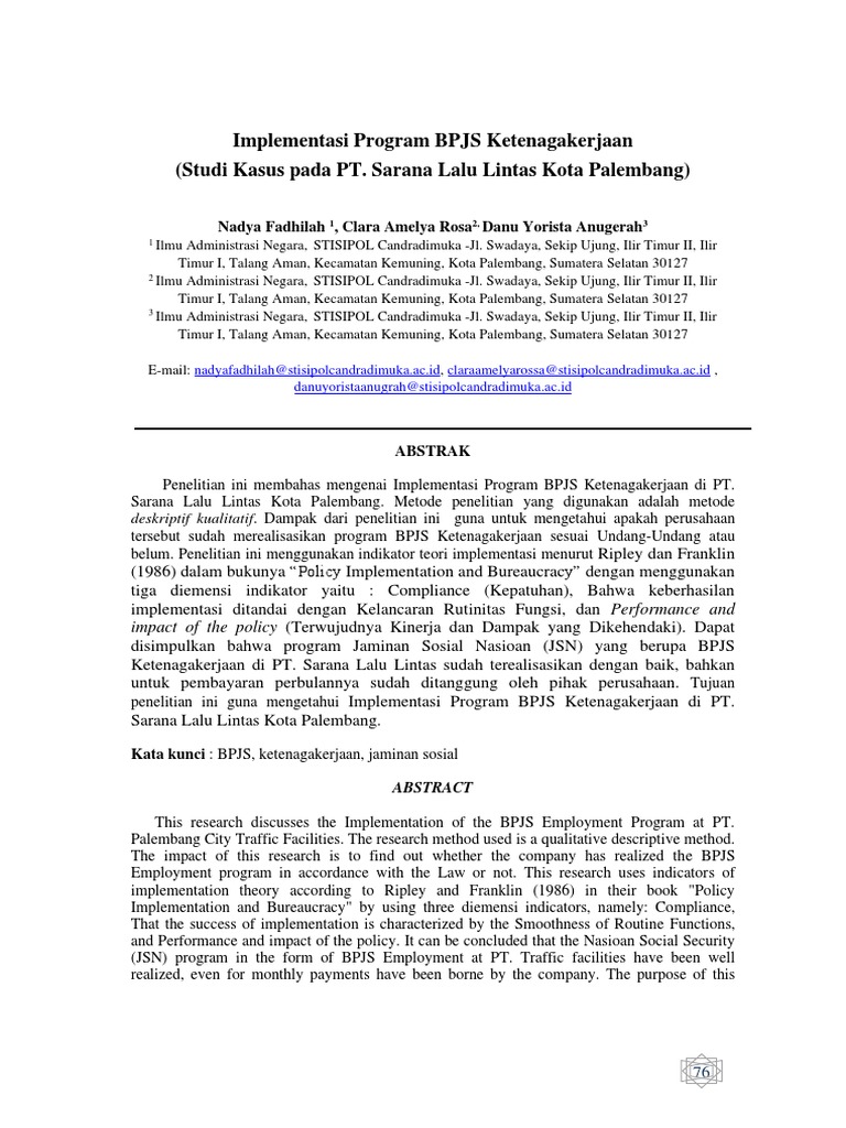 Implementasi Program BPJS Ketenagakerjaan Di PT Sarana Lalu Lintas | PDF
