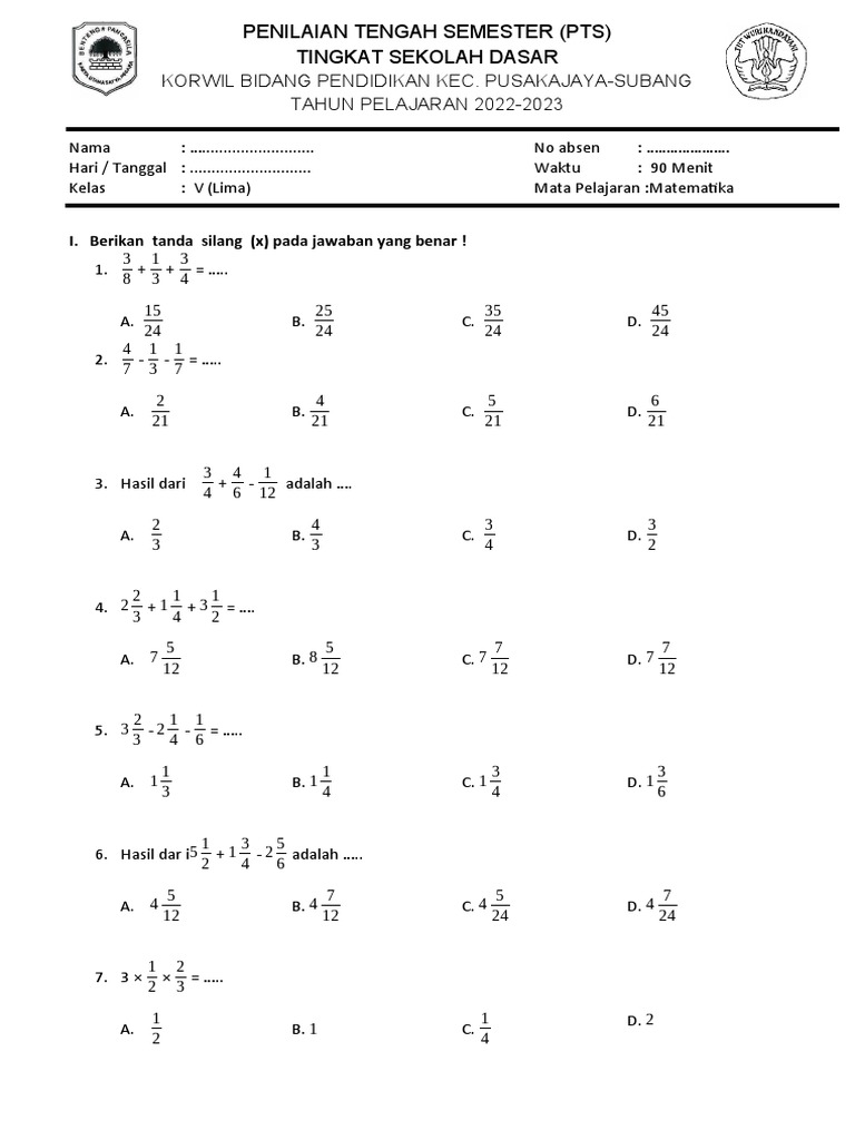 Soal PTS - 1 MTK KELAS 5 | PDF