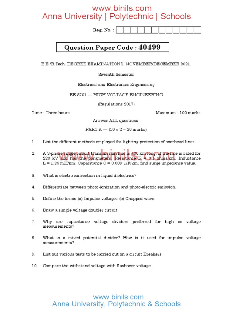 EE8701 High Voltage Engineering Exam 2021 | PDF