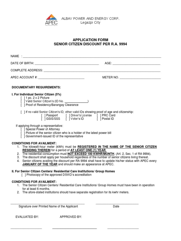Senior Citizen Discount Application Form | PDF | Finance & Money ...