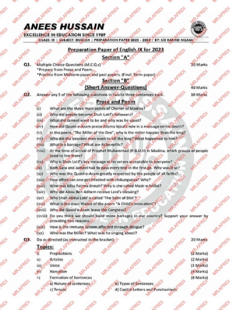 CLASS 9 PREPRATION PAPER ANESS HUSSAIN ʟʟ S ʙ S 2022-23 | PDF