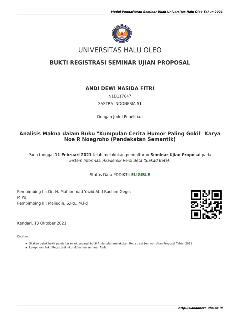 Registration for Proposal Examination Seminar at Halu Oleo University in 2021 | PDF