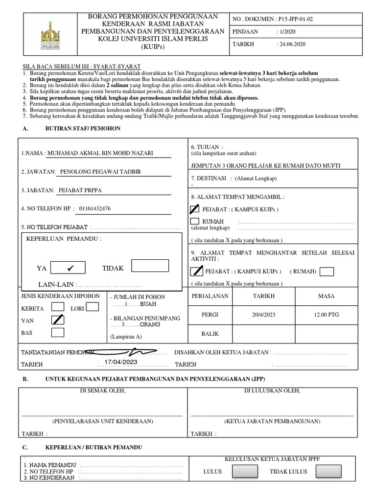 Permohonan Kenderaan Jabatan KUIPs | PDF