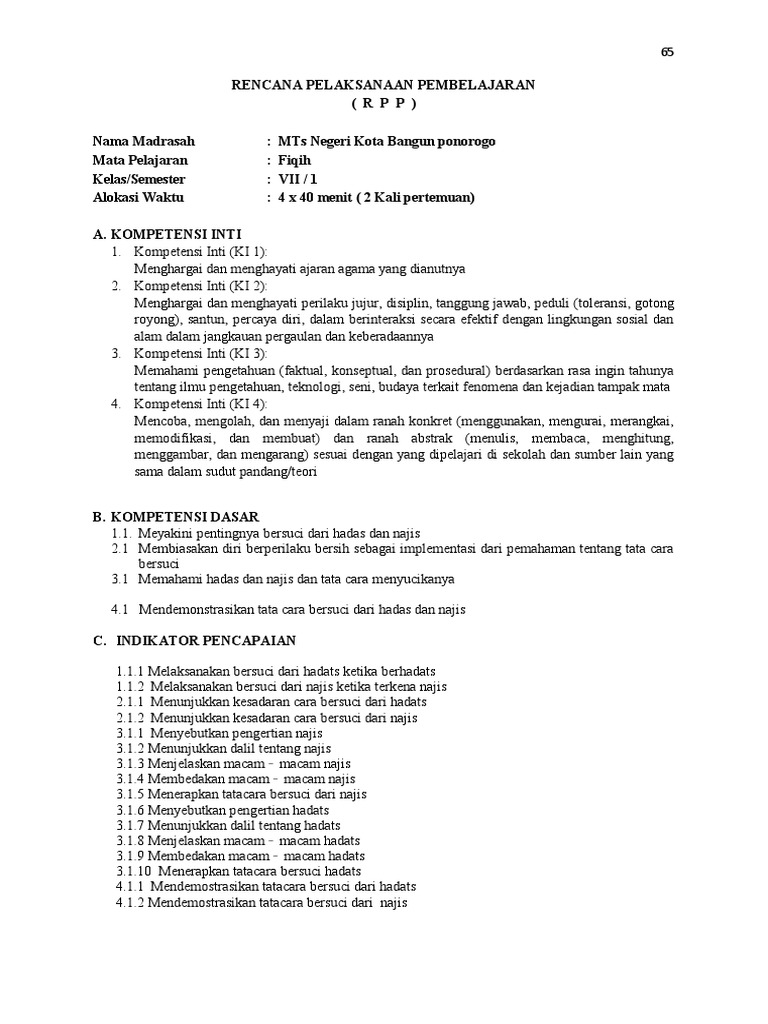 RPP Fikih 7 - Hadas Dan Najis | PDF