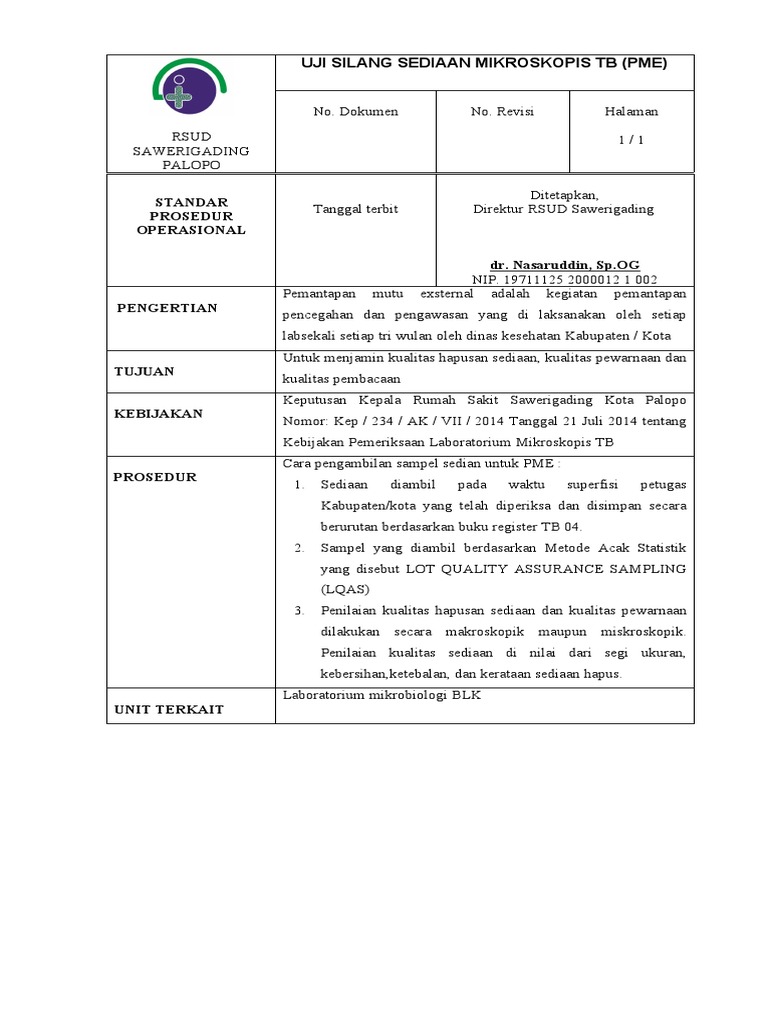Spo Uji Silang Sediaan Mikroskopis TB (Pme) | PDF