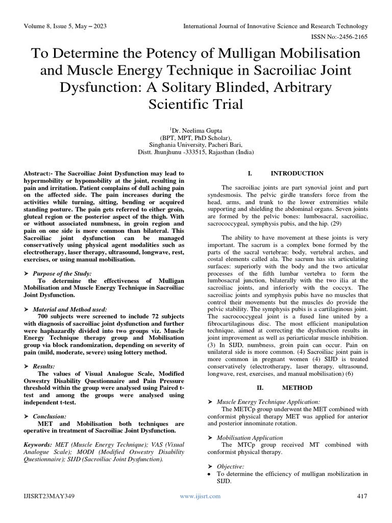 To Determine The Potency of Mulligan Mobilisation and Muscle Energy ...