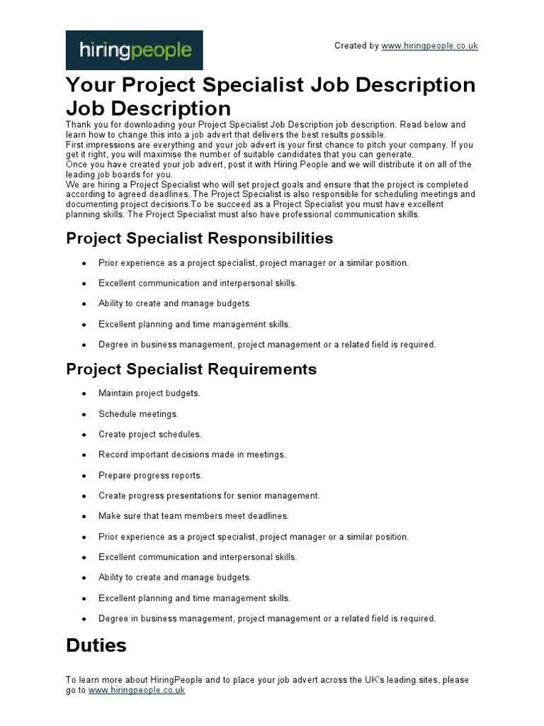 Project Specialist Job Description Job Description | PDF | Project ...
