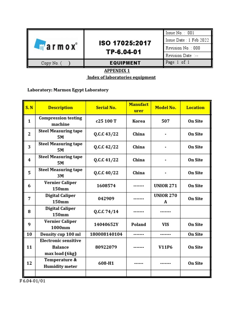 Equipment Index and Logs | PDF | Calibration | Metrology
