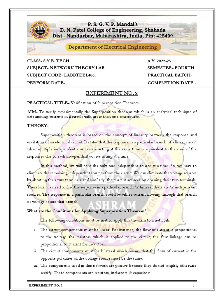 Superposition Theorem Lab Experiment | PDF | Electrical Network ...
