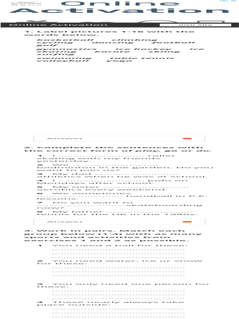 A1 Vocabulary Exercises on Sports | PDF