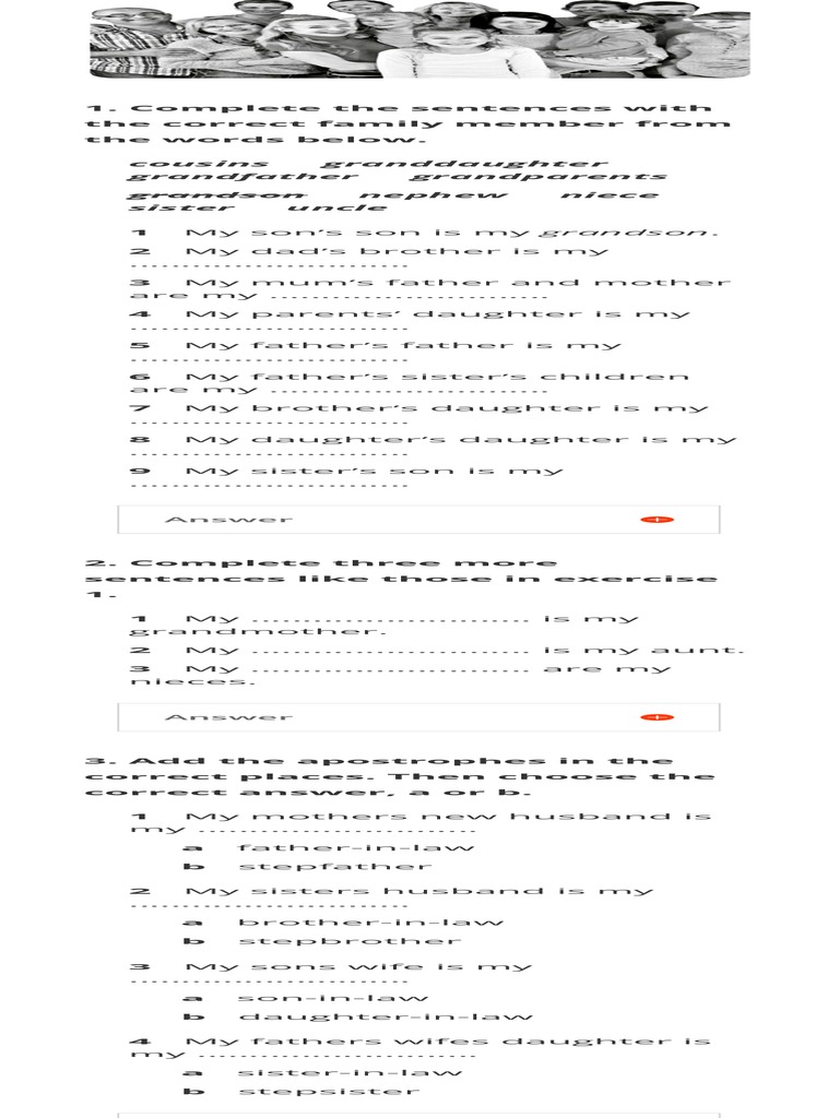 Family Vocabulary Exercises A1 | PDF | Family | Grandparent