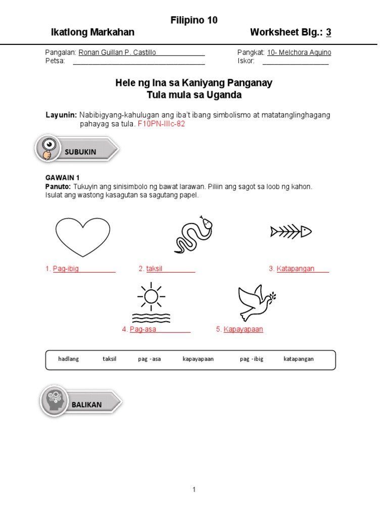 Aralin 3.3 Worksheet HELE | PDF