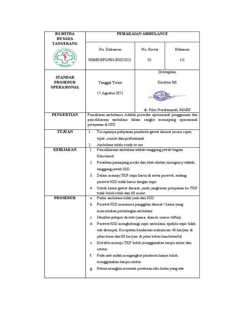 SPO Pemakaian Ambulance | PDF