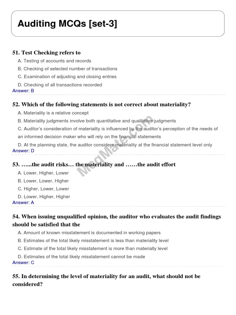 Auditing Solved MCQs (Set-3) | PDF | Financial Audit | Audit