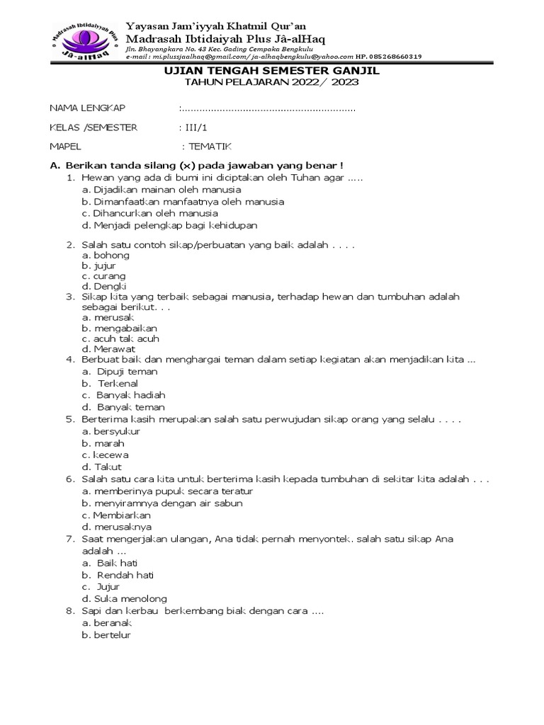 Soal Uts Tematik Kelas 3 Mam Ara | PDF