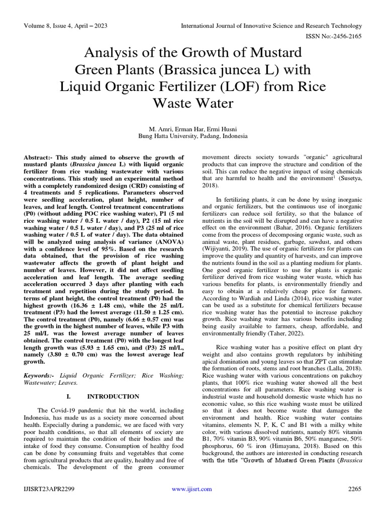Analysis of The Growth of Mustard Green Plants (Brassica Juncea L) With ...