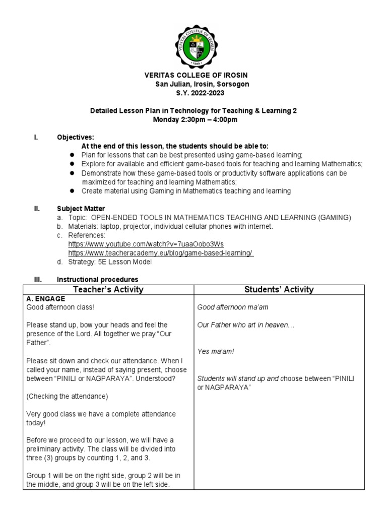 Lesson Plan in Game-Based | PDF