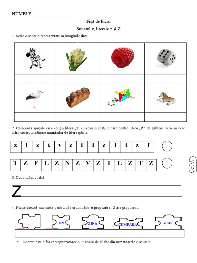 Fisa de Lucru Sunetul Si Literele Z Z | PDF