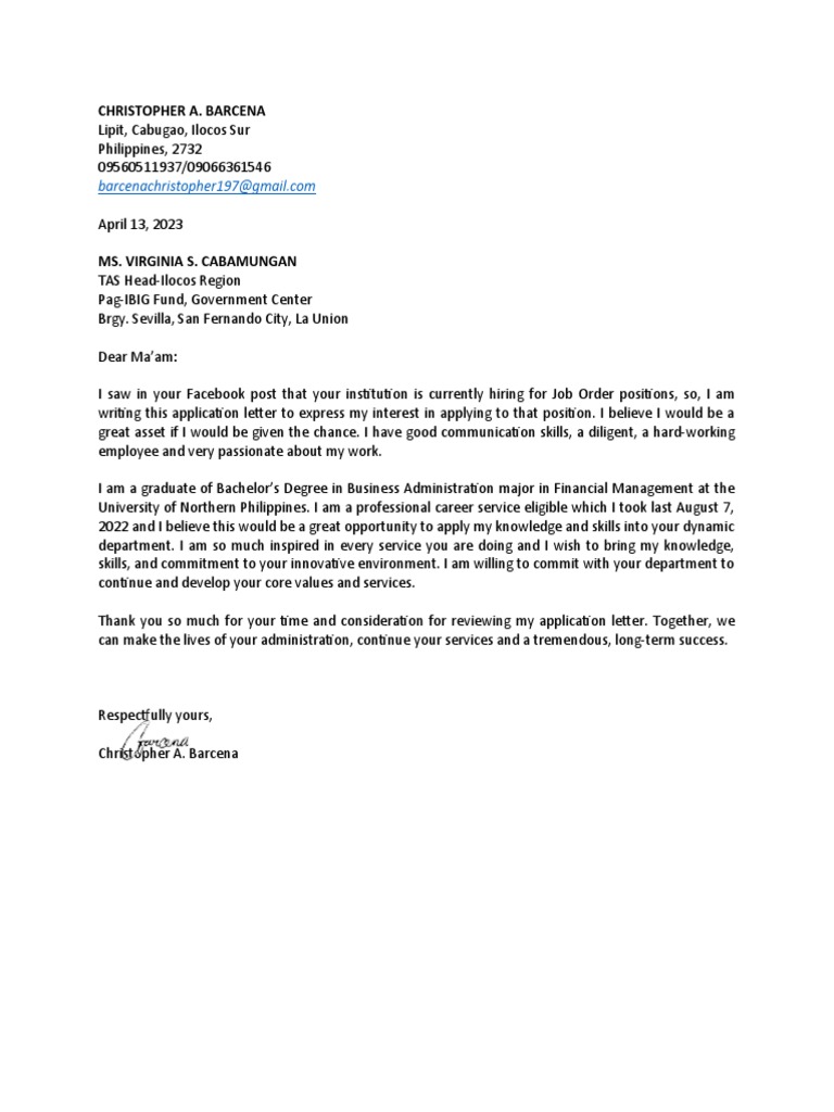 APPLICATION LETTER With E-Signature | PDF