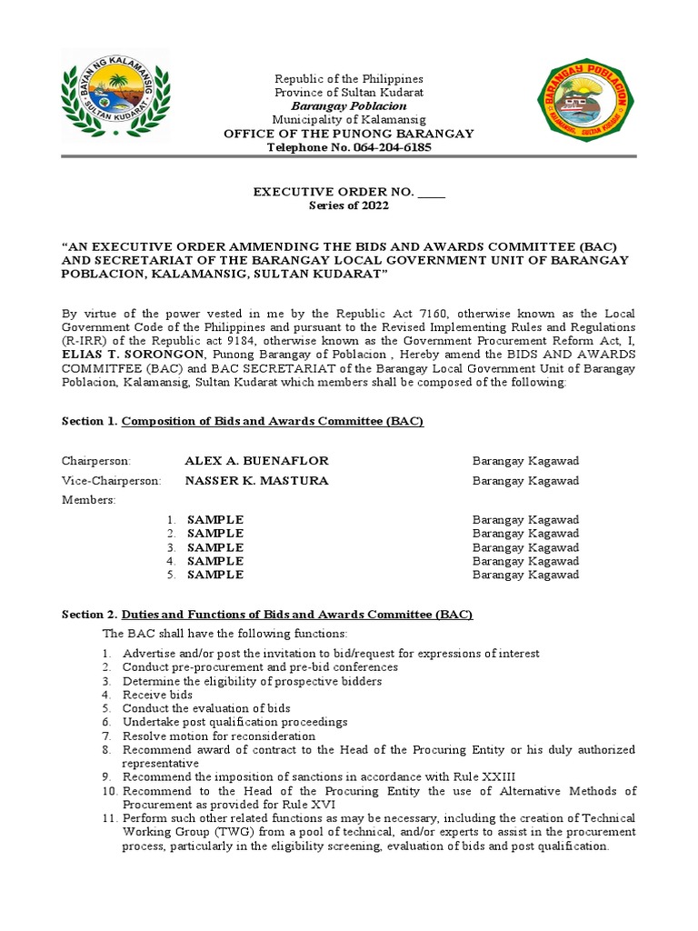 Barangay BAC Executive Order 2022 | PDF | Procurement | Legal Documents