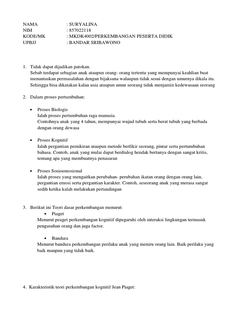 SOAL TT 1 Perkembangan Peserta Didik-Lina | PDF | Karier & Perkembangan | Pengembangan Diri