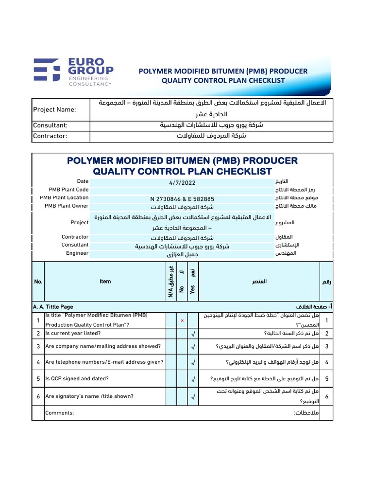 PMB Quality Control Plan Checklist | PDF