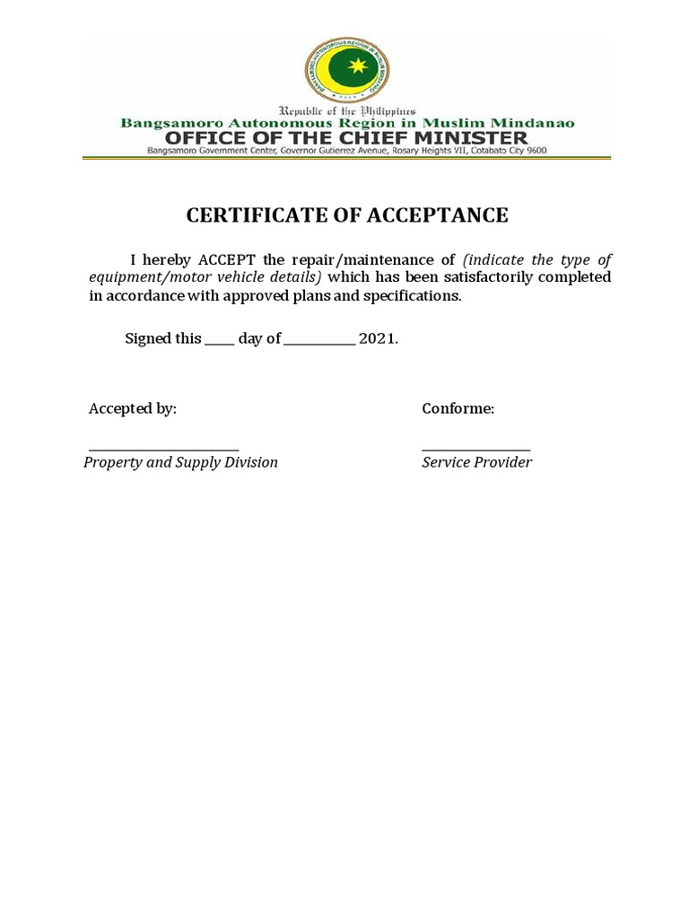Appendix 20 - Certificate of Acceptance (Repair - Maintenance) | PDF
