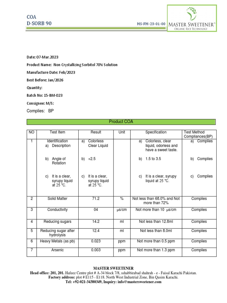 COA for Non Crystallizing Sorbitol 70% Solution | PDF | Materials | Physical Sciences