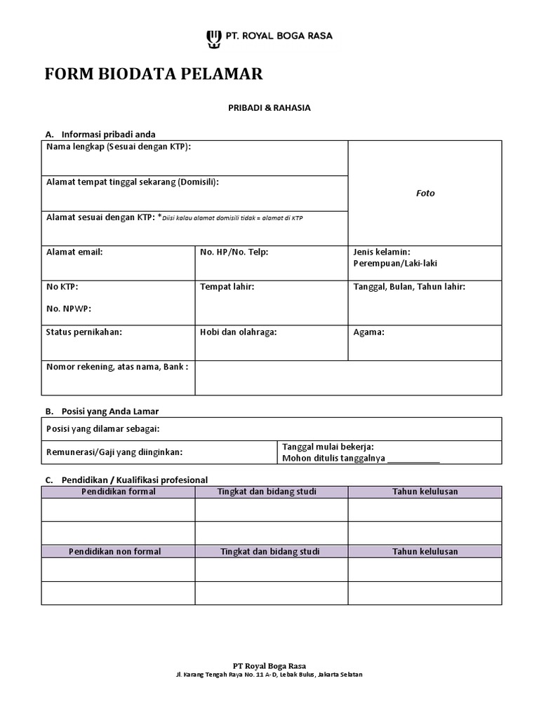 Form Biodata Pelamar PT. Royal Boga Rasa | PDF