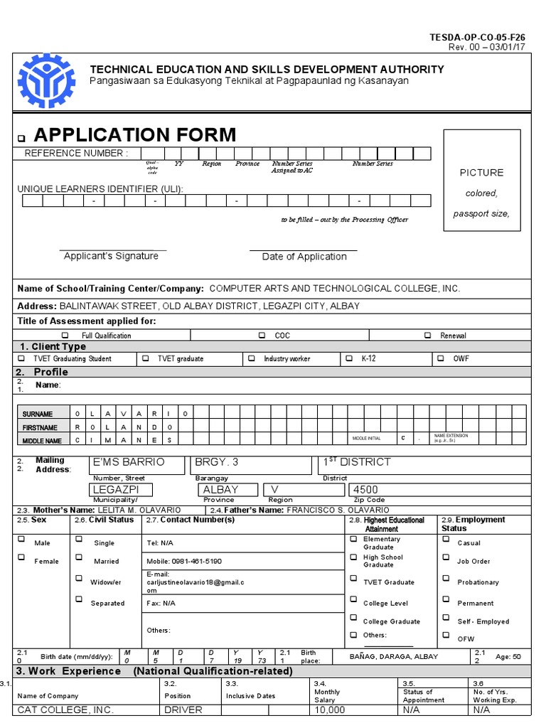 TESDA Assessment Application Form | PDF