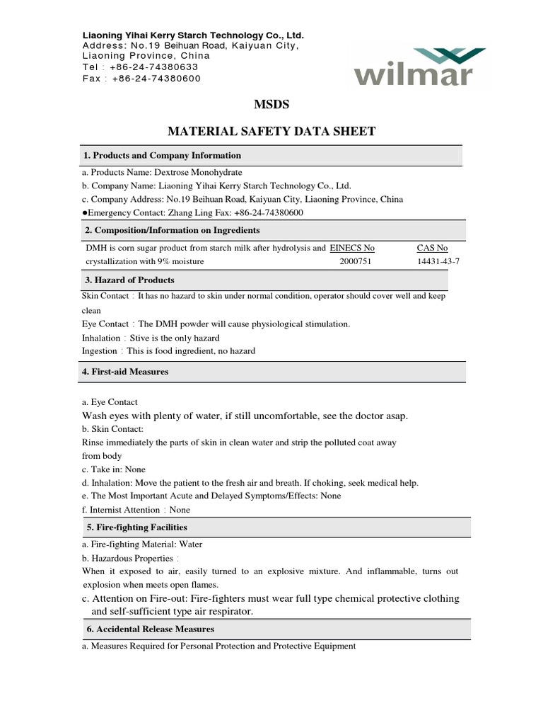 MSDS Dextrose Monohydrate | PDF