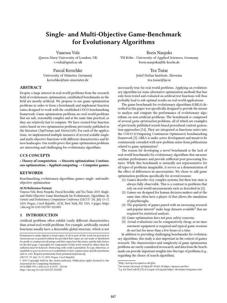 Single-And Multi-Objective Game-Benchmark For Evolutionary Algorithms | PDF