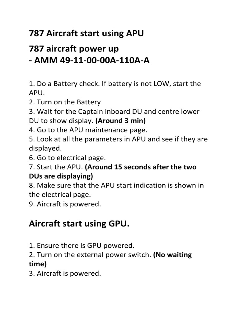 APU Start Procedure for 787 Aircraft | PDF | Business