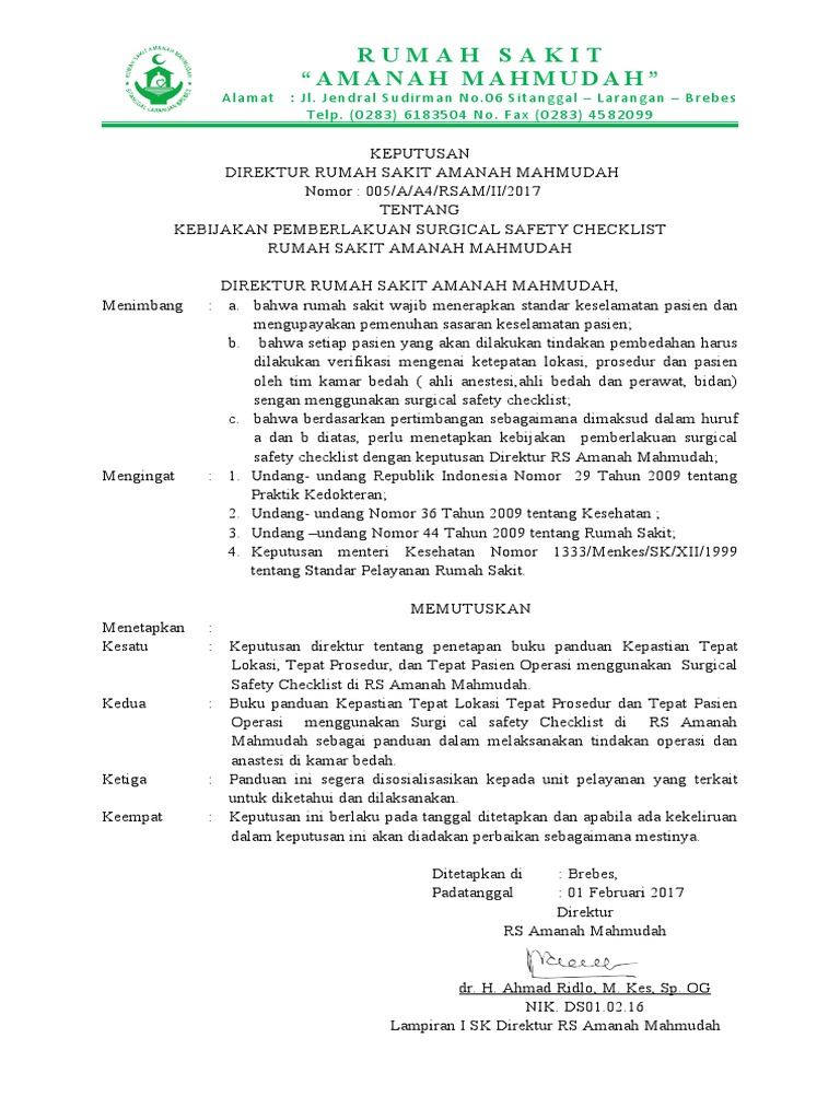 Kebijakan Surgical Safety Checklist RSAM | PDF