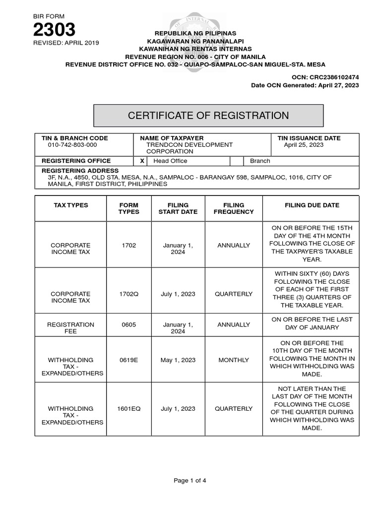 BIR Form 2303: Certificate of Registration | PDF | Taxes | Income Tax