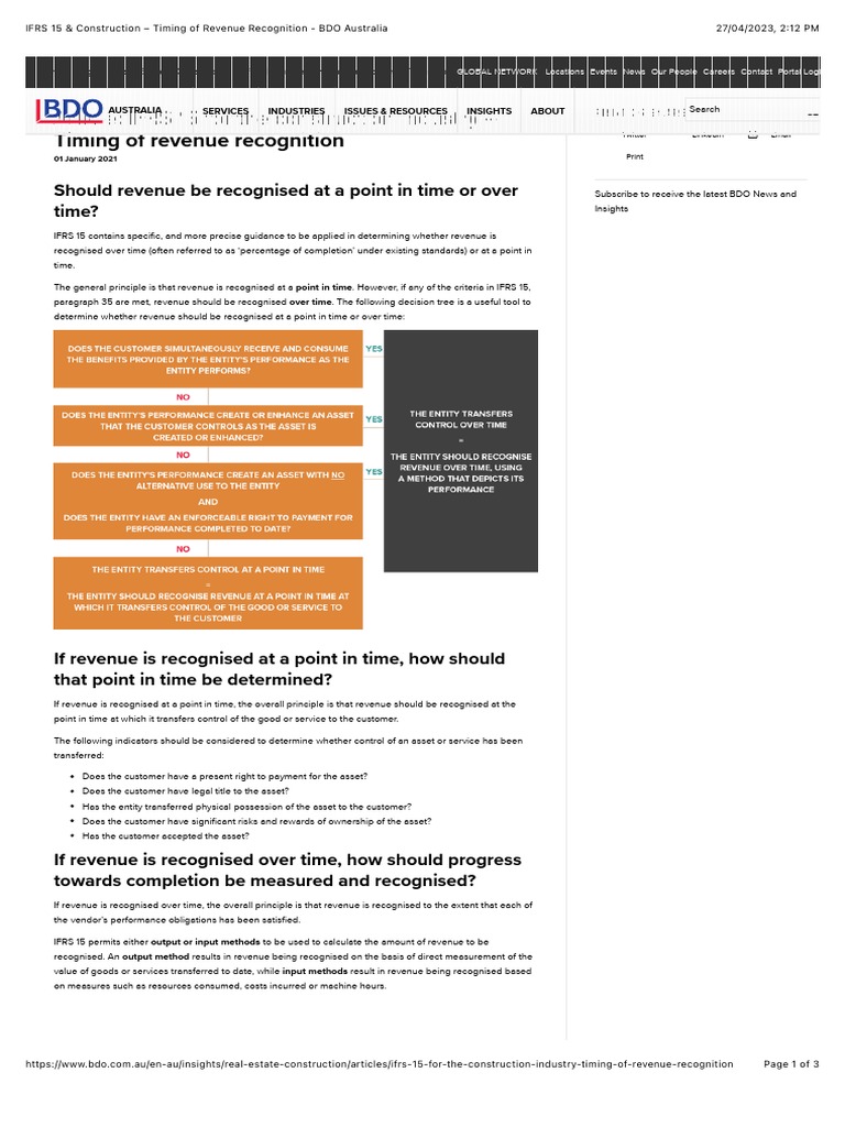 IFRS 15 & Construction - Timing of Revenue Recognition - BDO Australia ... IFRS 15 & Construction - Timing of Revenue Recognition - BDO Australia ...
