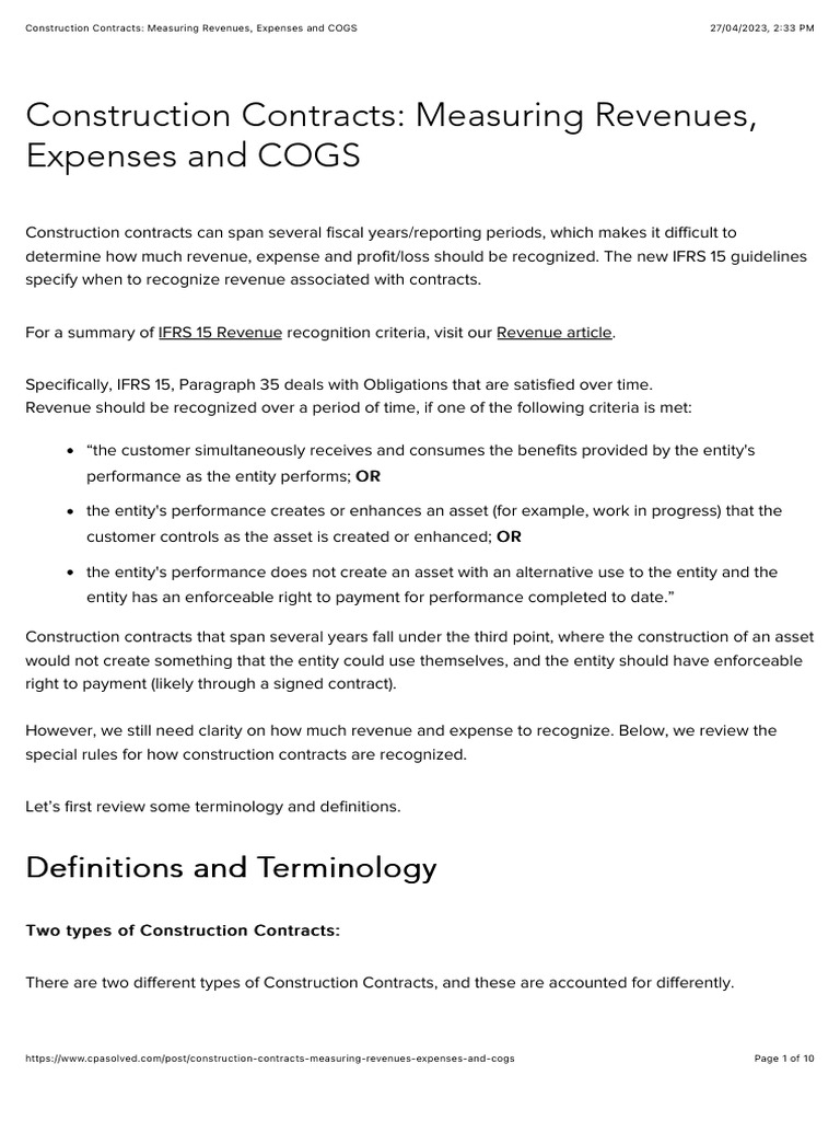 Construction Contracts: Measuring Revenues, Expenses and COGS | PDF ...