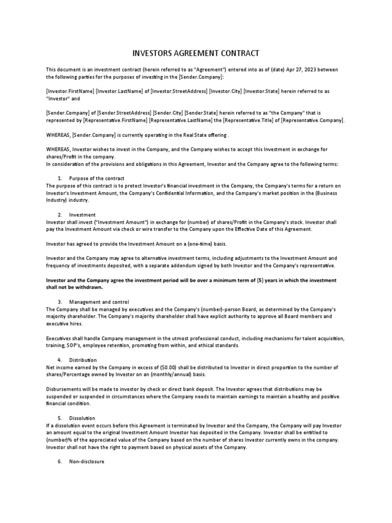 Investor Agreement Contract Template | PDF | Investing | Trade Secret