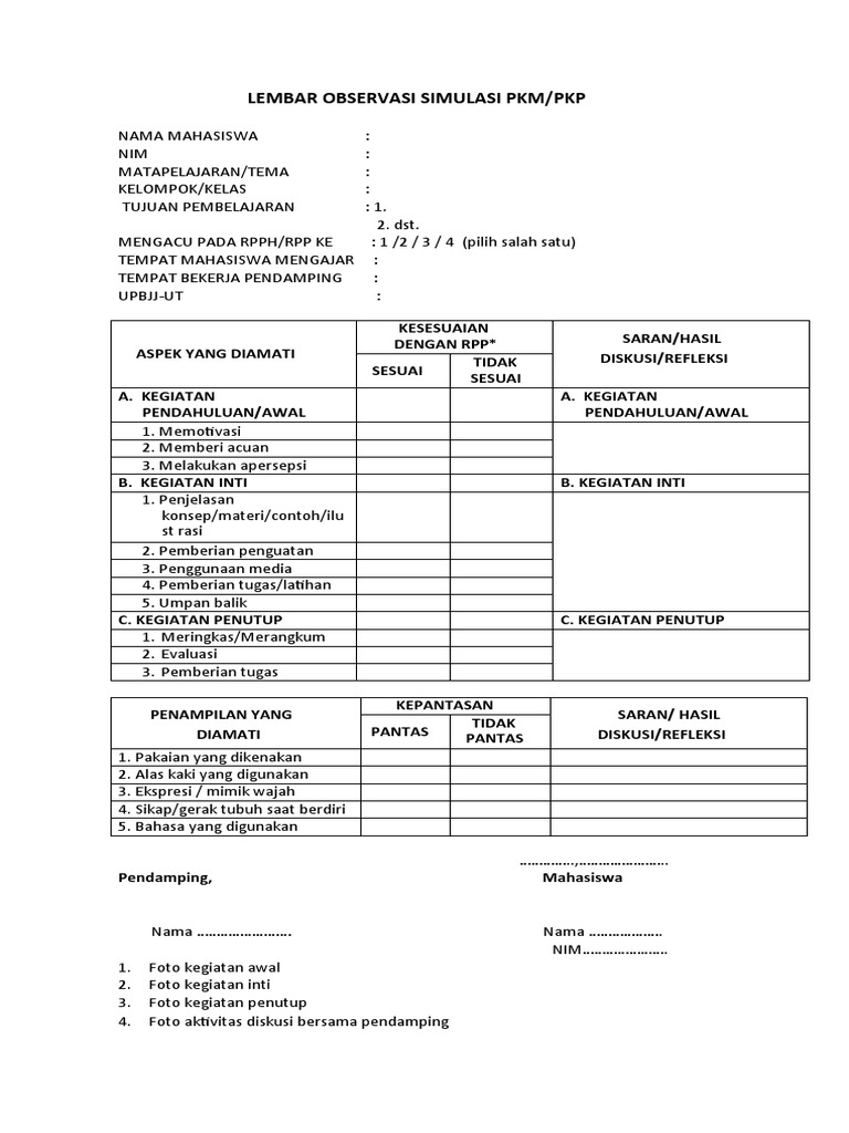 Lembar Observasi Dan Refleksi PKR | PDF