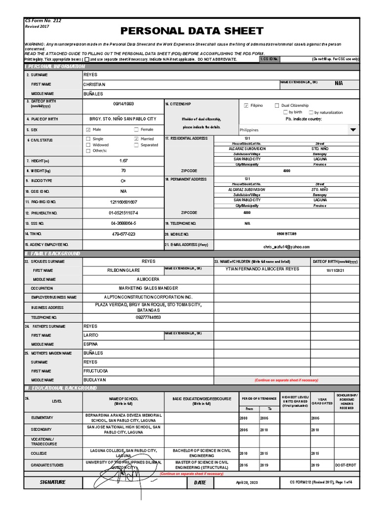 Personal Data Sheet | PDF