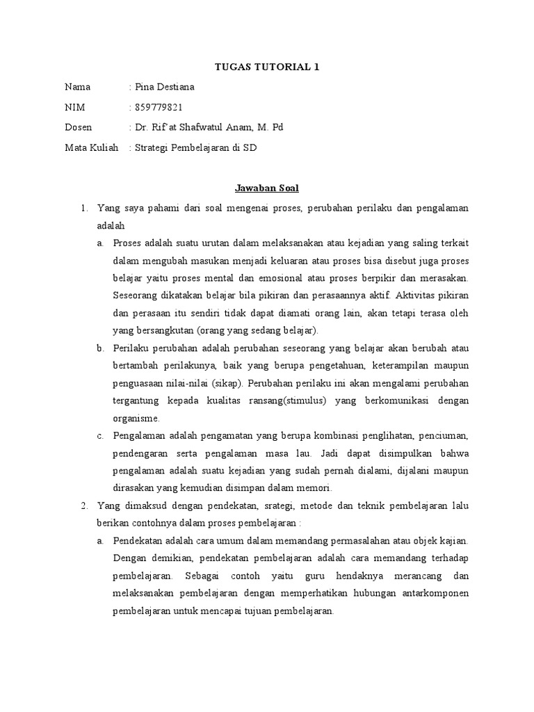 Tugas Tutorial 1 Strategi Pembelajaran Di SD | PDF