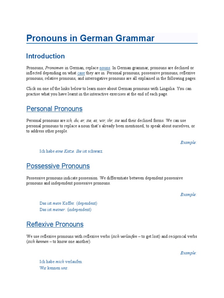 Pronouns in German Grammar | PDF | Language Arts & Discipline