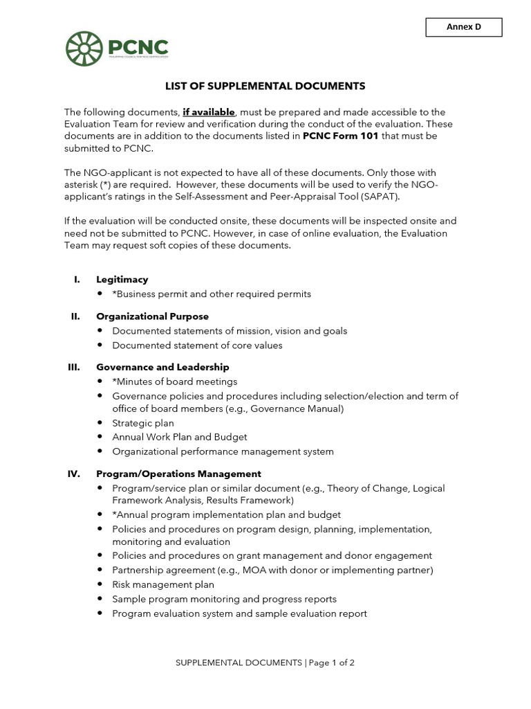 Annex D List of Supplemental Documents | PDF | Governance | Evaluation