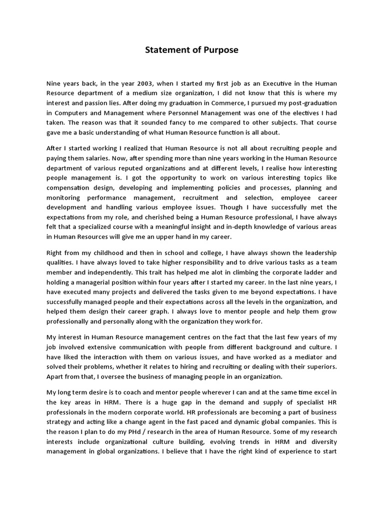 Human Resource Management Statement of Purpose | PDF | Career & Growth