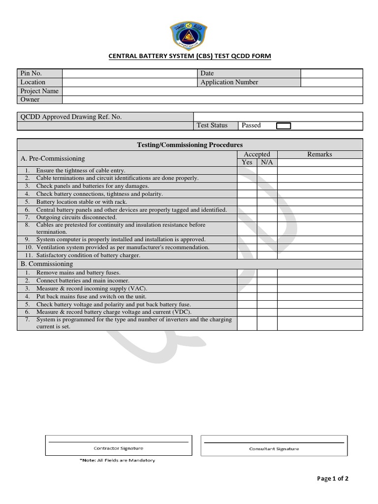 Central Battery System (CBS) Test QCDD Form | PDF